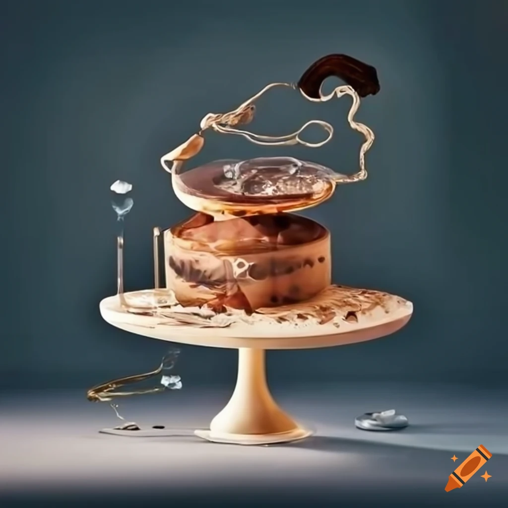 Table with surrealistic pastries and cakes on display on Craiyon