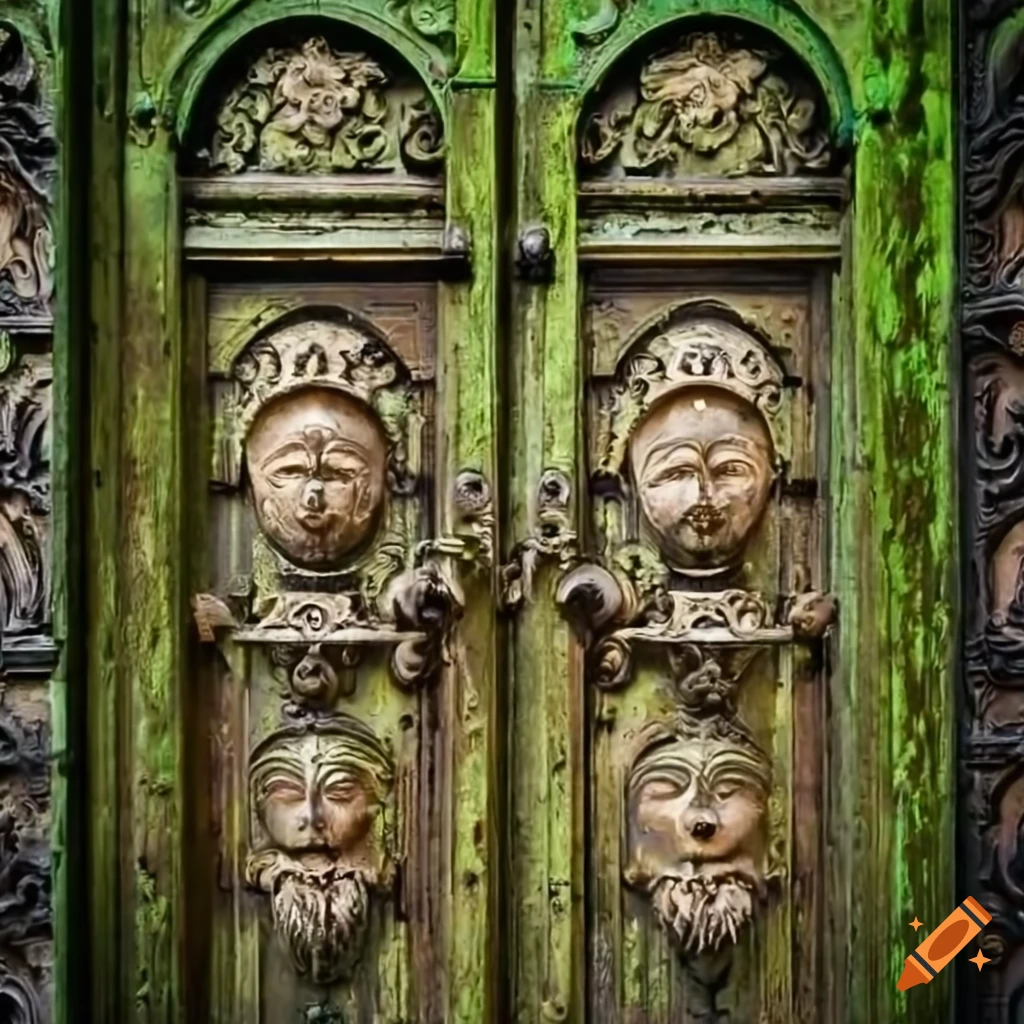 Intricate sun face engraving on a moss-covered baroque double door in ...