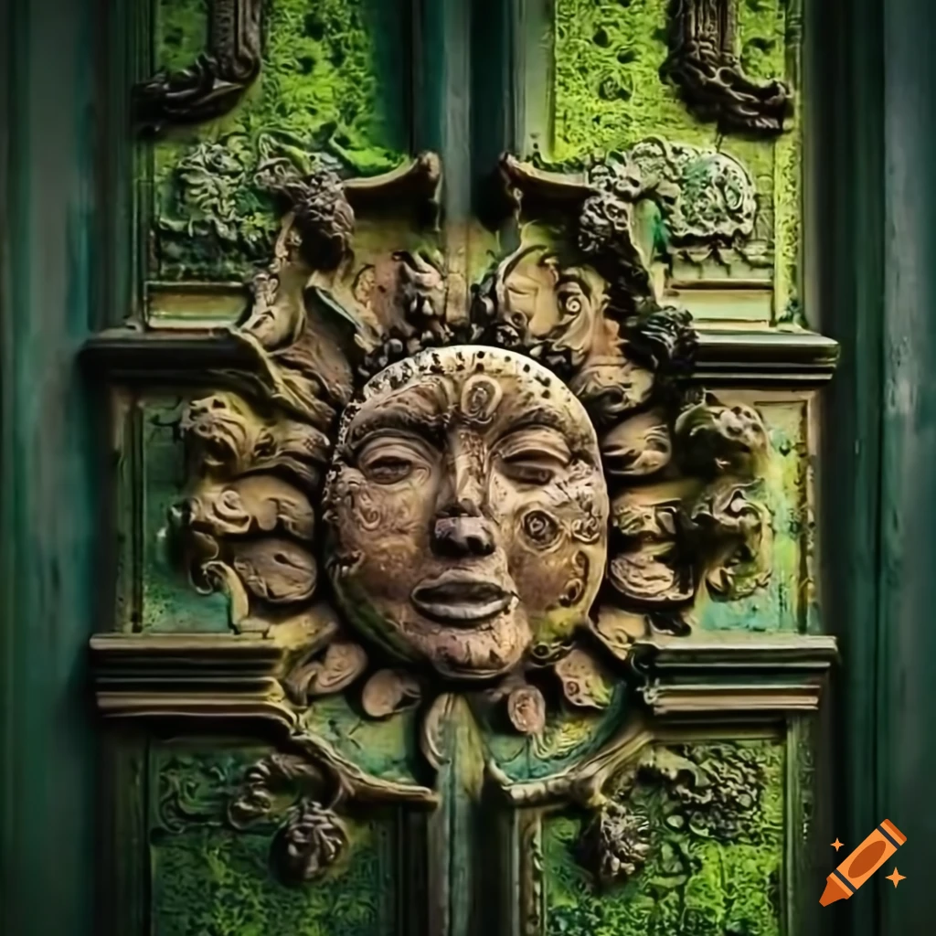 Intricate sun face engraving on a moss-covered baroque double door in ...