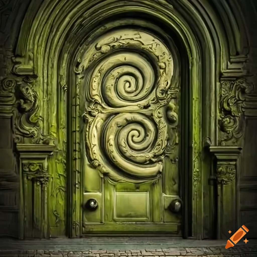 Baroque moss-covered door with bas-relief spiral on Craiyon