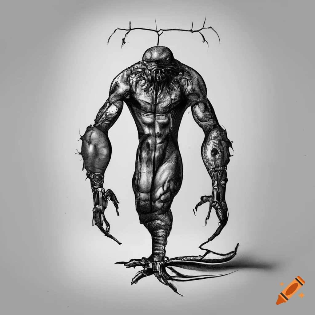 Detailed etching of a creature with human and crustacean parts on Craiyon