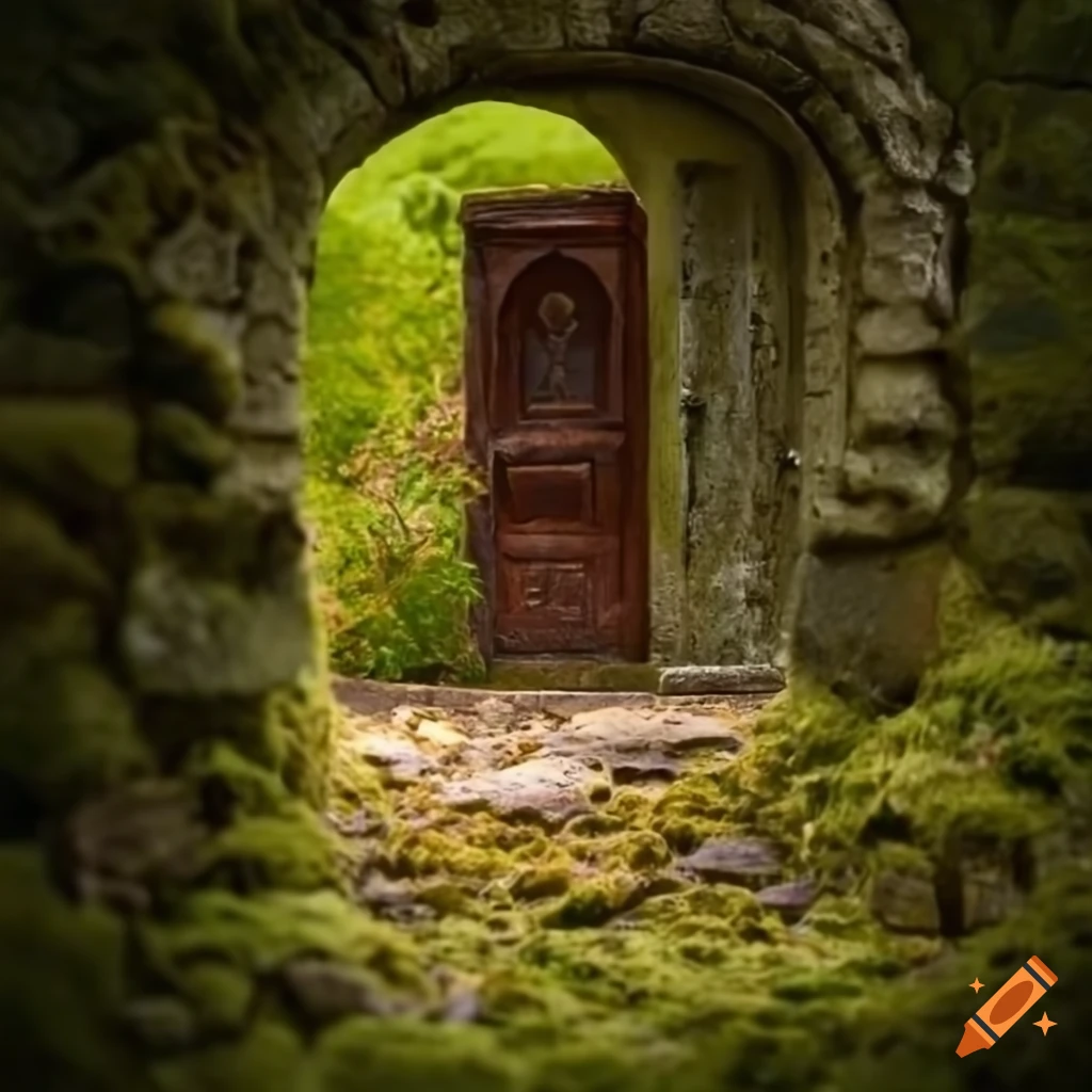 View of a moss-covered stone door in a garden on Craiyon