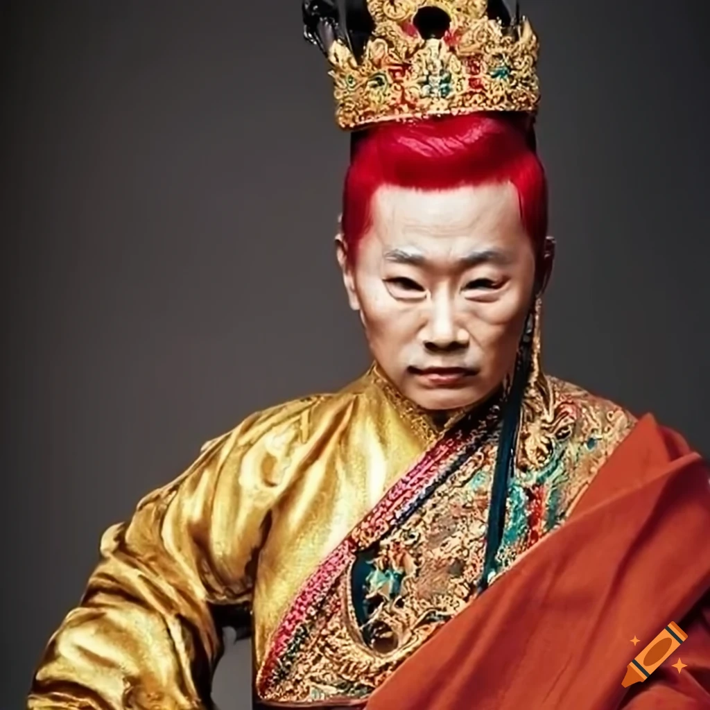 Image of an asian king with red hair and golden crown on Craiyon