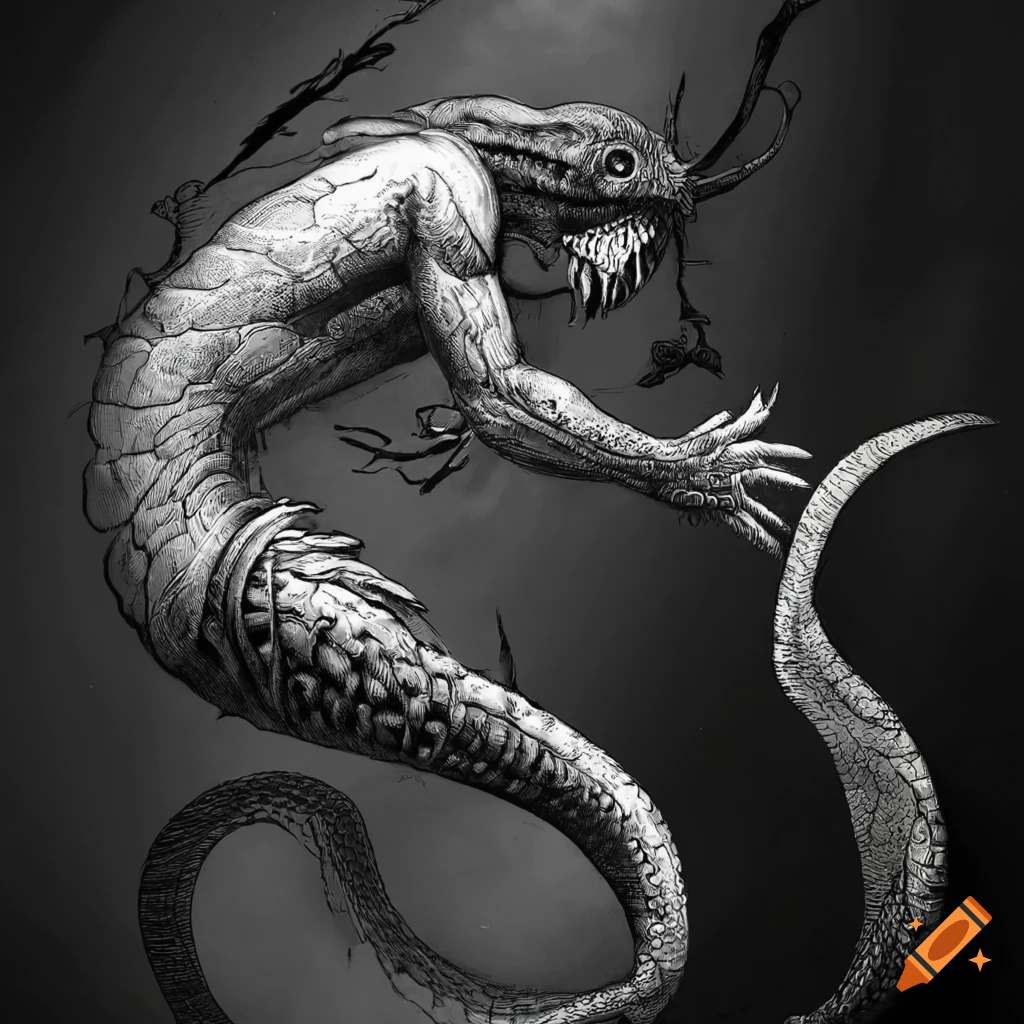 Detailed etching of a deep sea merman monster on Craiyon