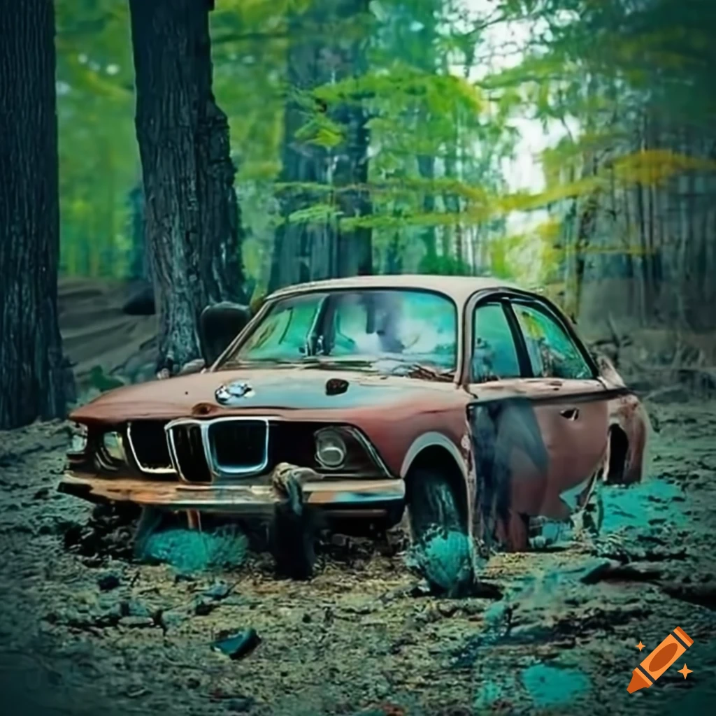 Abandoned bmw car in a forest on Craiyon