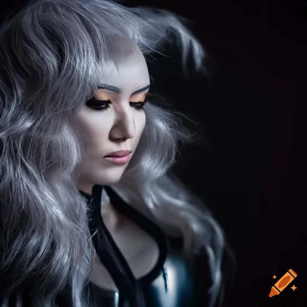 Silver female robots with silver hair on Craiyon