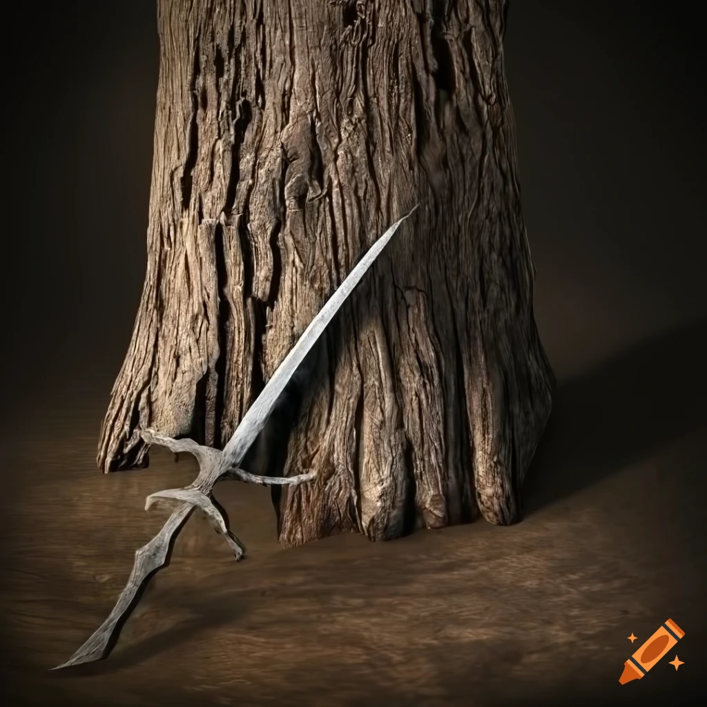 Photorealistic image of an old sword on a tree stump