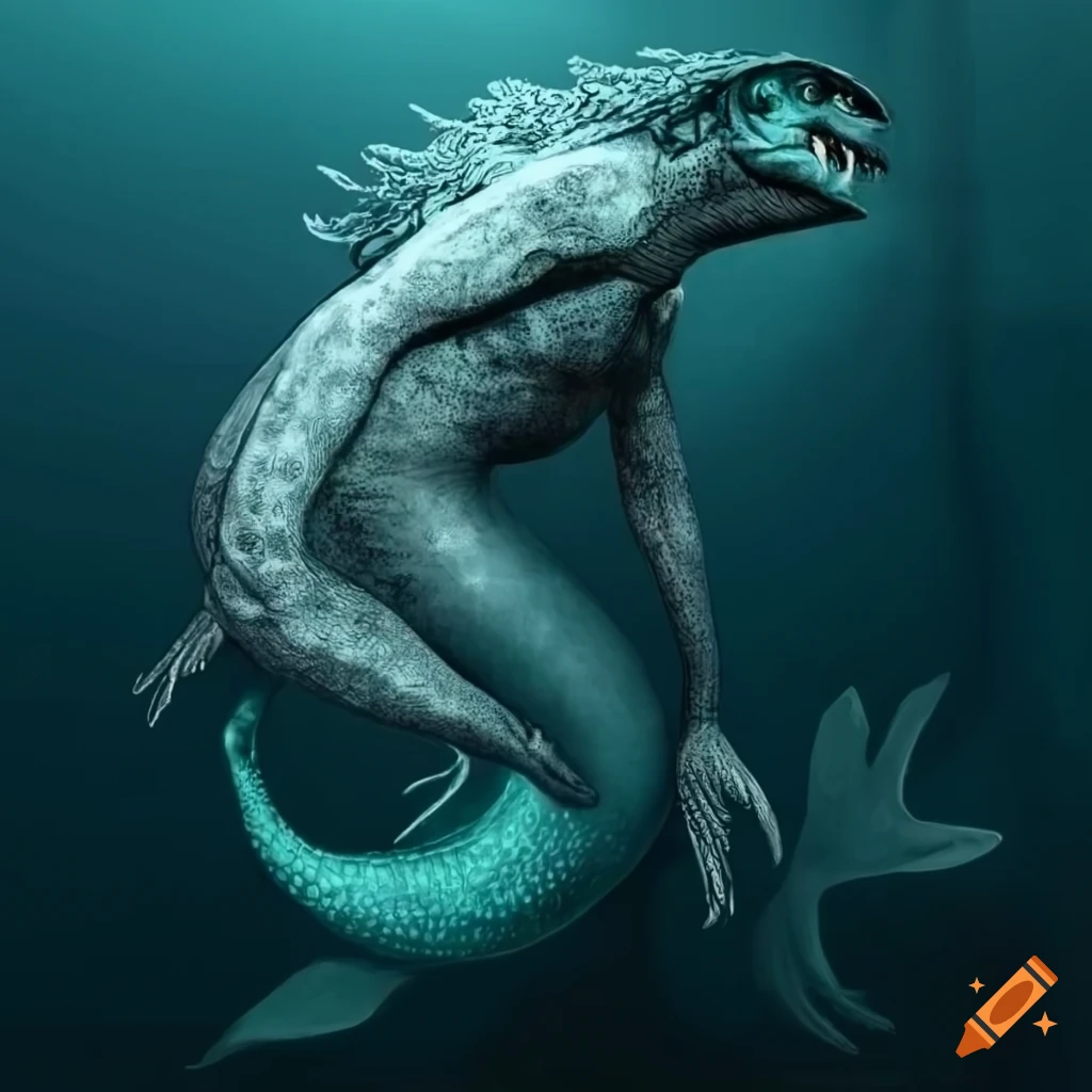 Etching of a detailed prehistoric merman