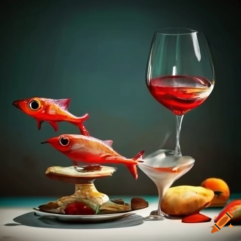 Surrealist pastries on a table with glasses and red fish in a wine ...