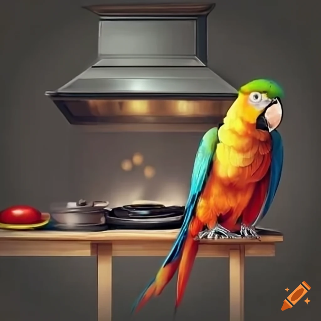 Parrot sitting under a cooker hood on a table