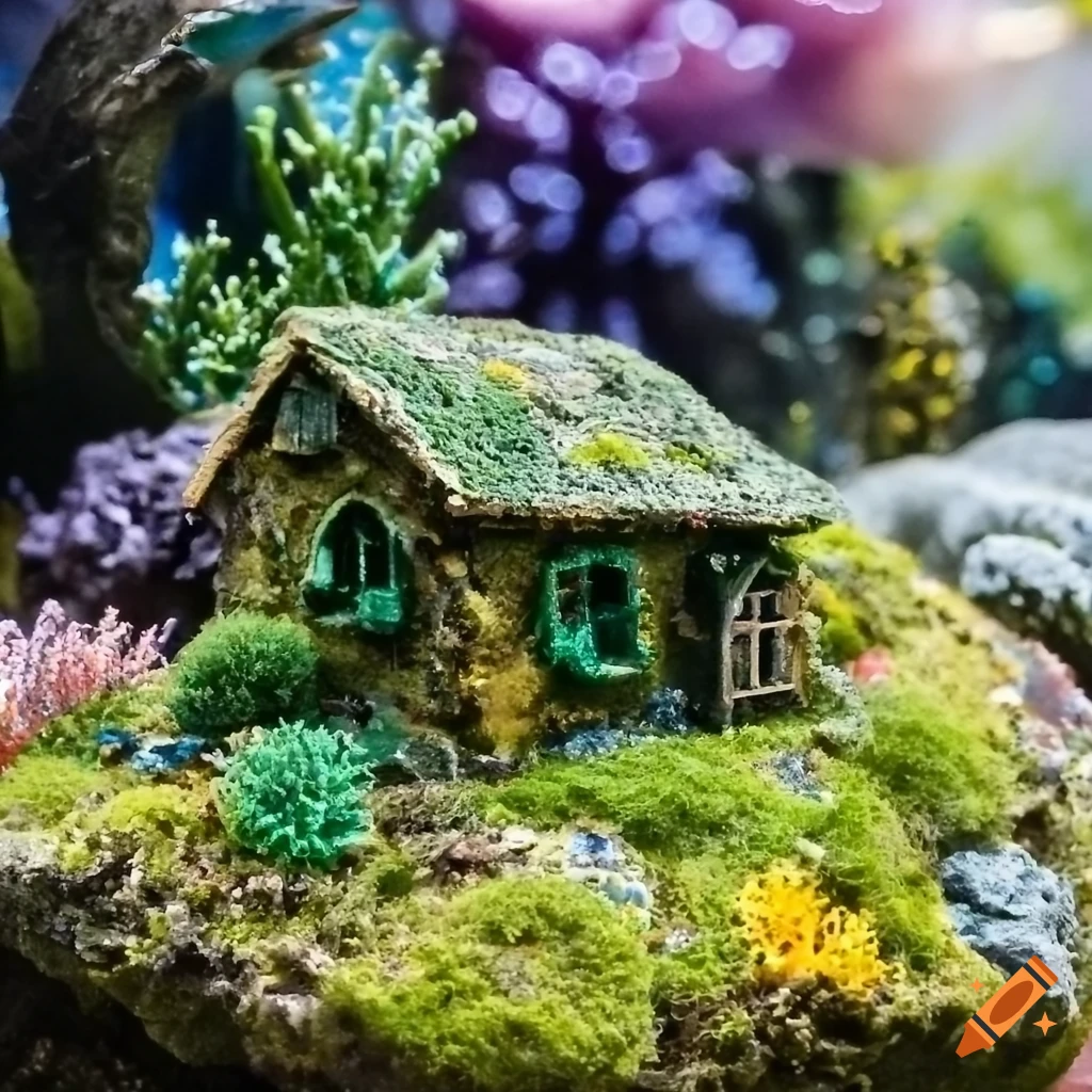 Underwater diorama with a mossy house on a rock surrounded by corals on ...