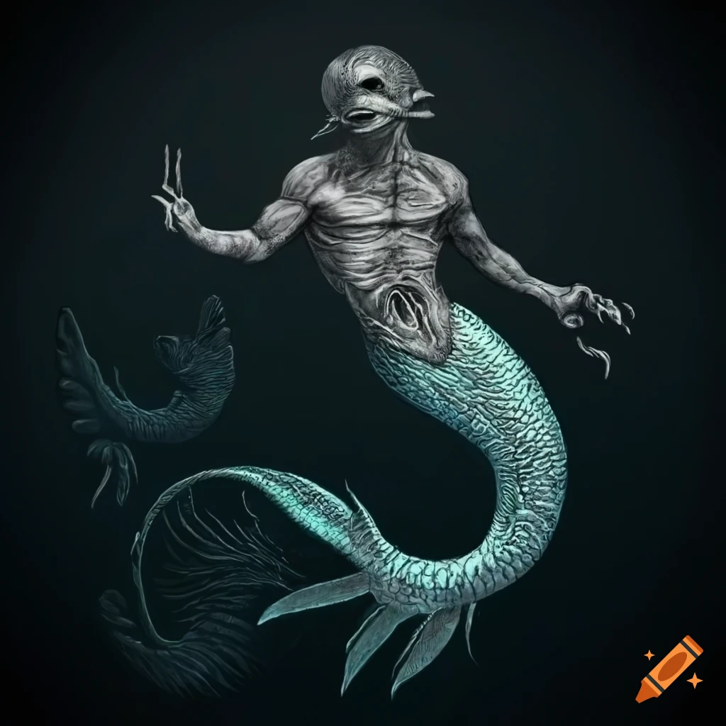 Detailed etching of a prehistoric merman monster on Craiyon