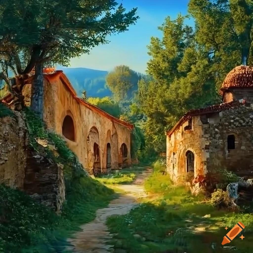 Detailed painting of a byzantine village in a mediterranean forest