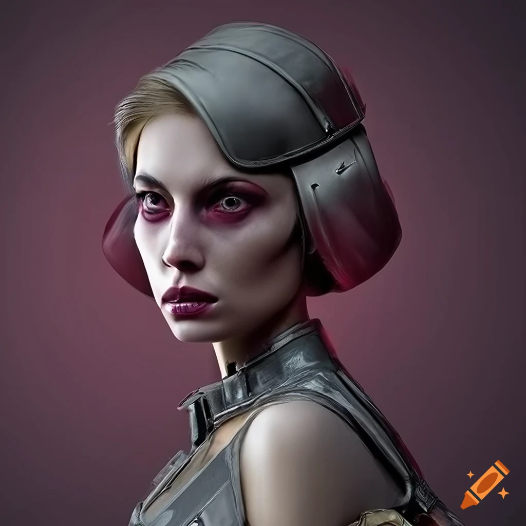 Portrait of a woman with intense blue eyes and a fierce expression on ...