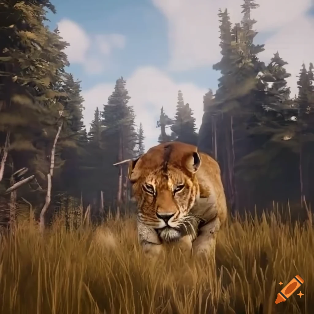 Unreal engine 5 brown liger in snowy grassy field on Craiyon
