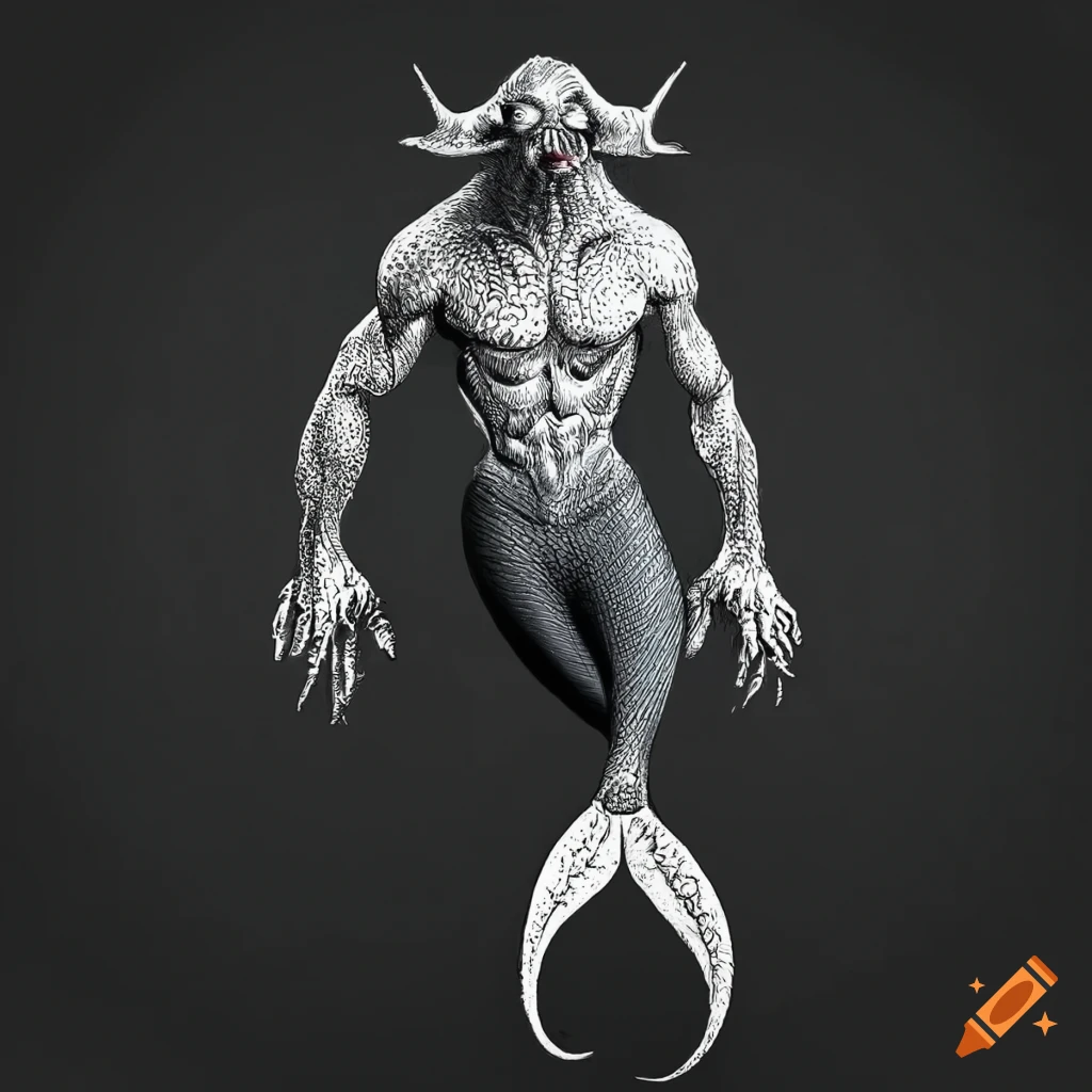 Detailed etching of a lovecraftian merman monster on Craiyon