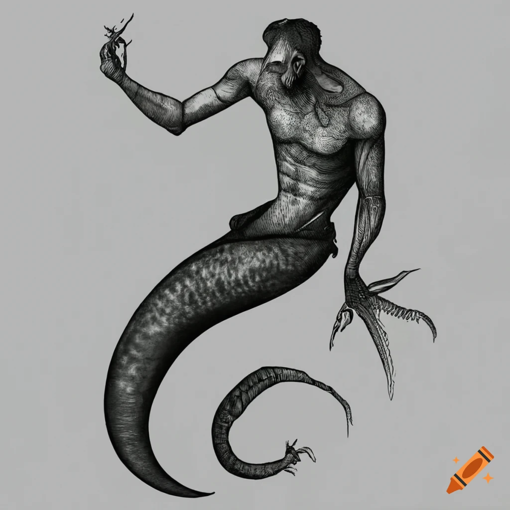 Etching of a detailed pose of a prehistoric merman monster on Craiyon