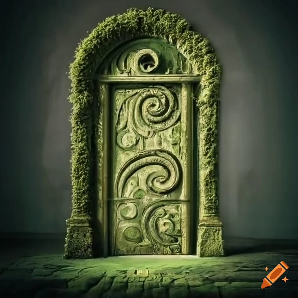 Baroque moss-covered door with bas-relief spiral