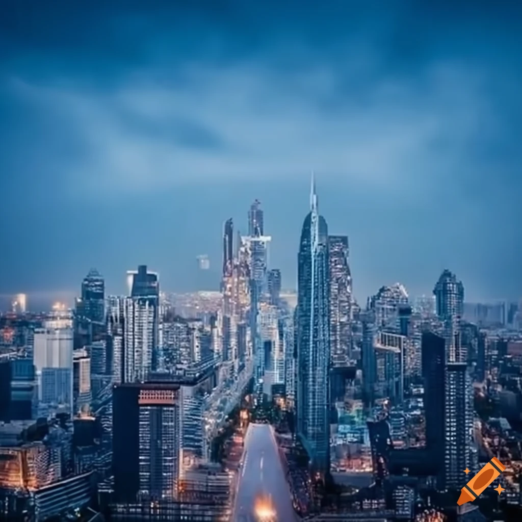 Modern city skyline with iconic landmark on Craiyon