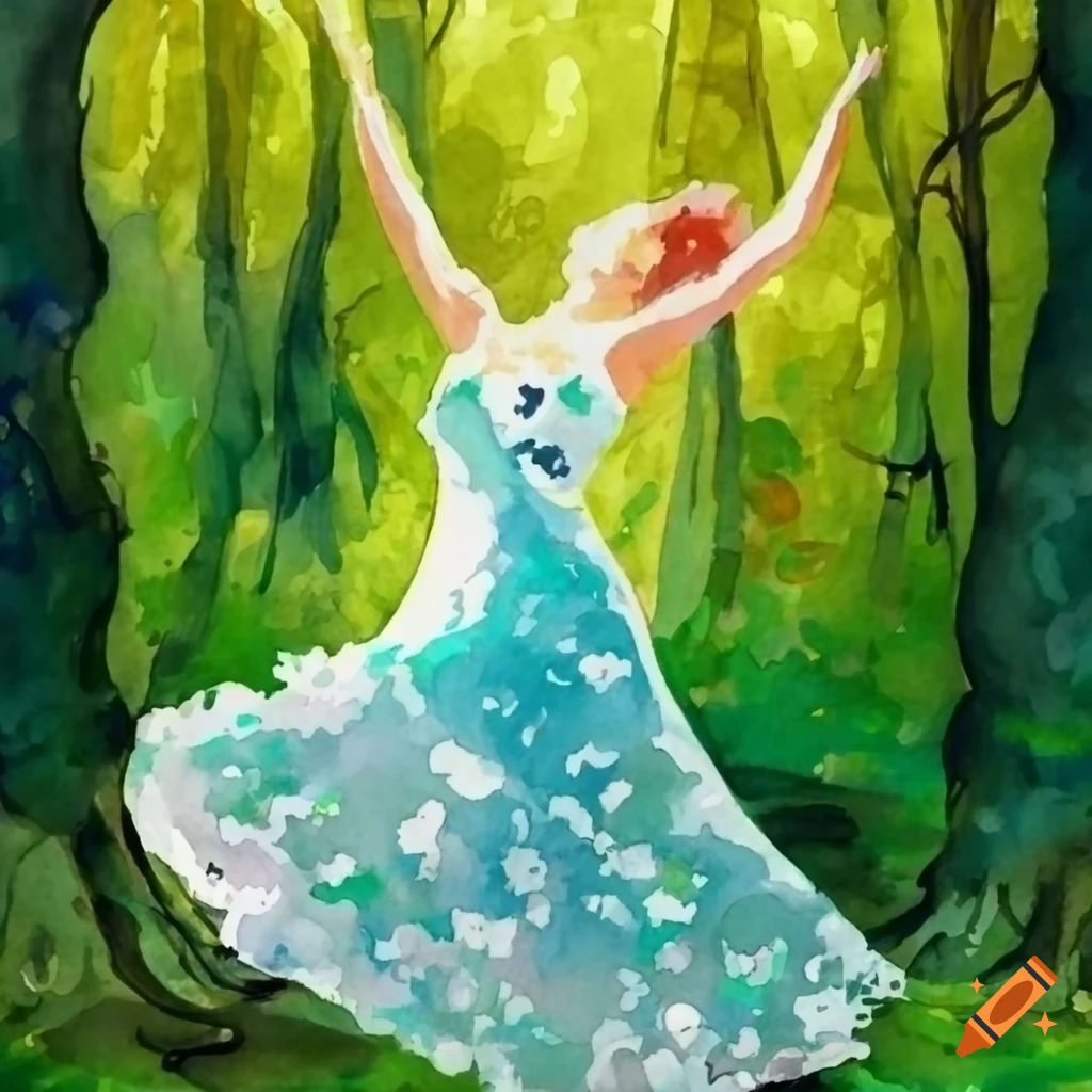 Watercolor of women dancing in a forest