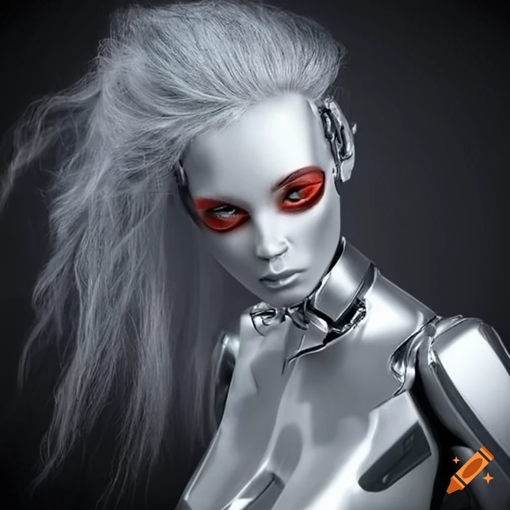 Silver female robots with silver hair on Craiyon
