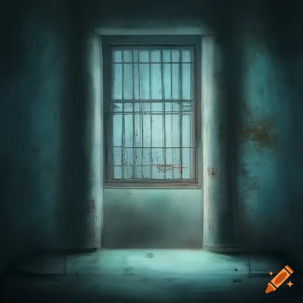 View from a prison cell window at twilight on Craiyon