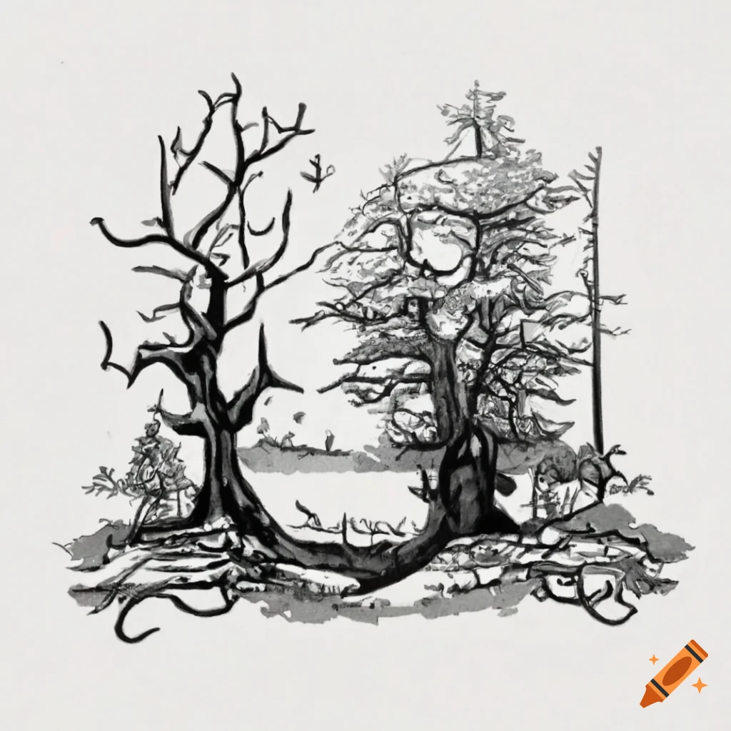 Black and white ink drawing of a split dead tree on Craiyon