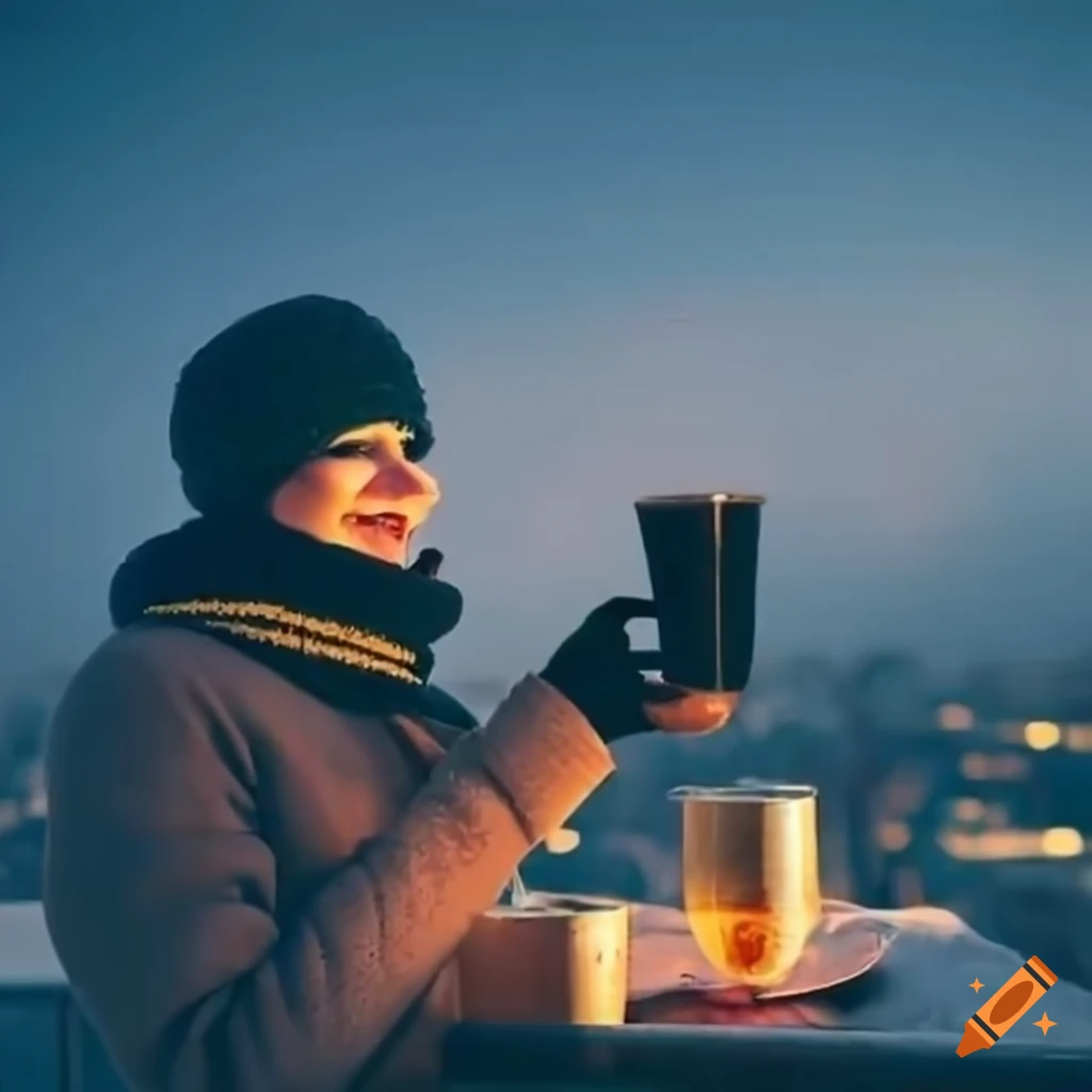 People enjoying hot punch on a rooftop terrace on Craiyon