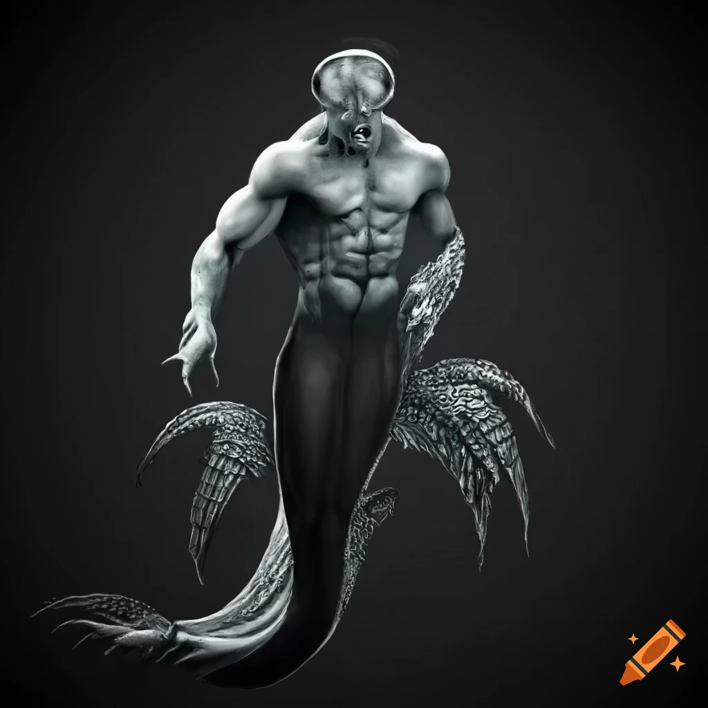 Detailed black and white etching of a merman seadragon on Craiyon