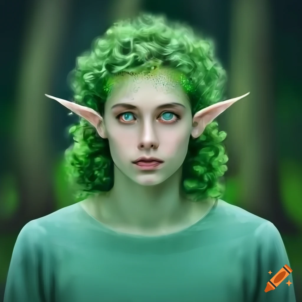 Portrait of a young woman with green skin and pointy ears in front of ...