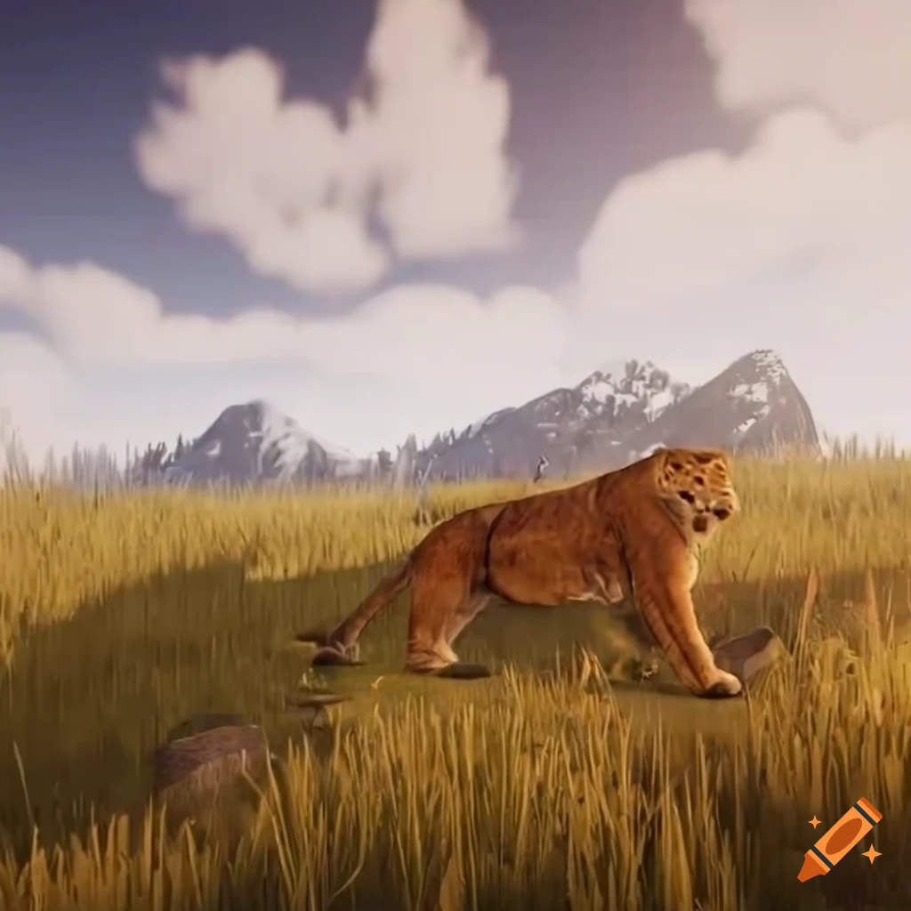 Winter scene with a brown liger in grass field