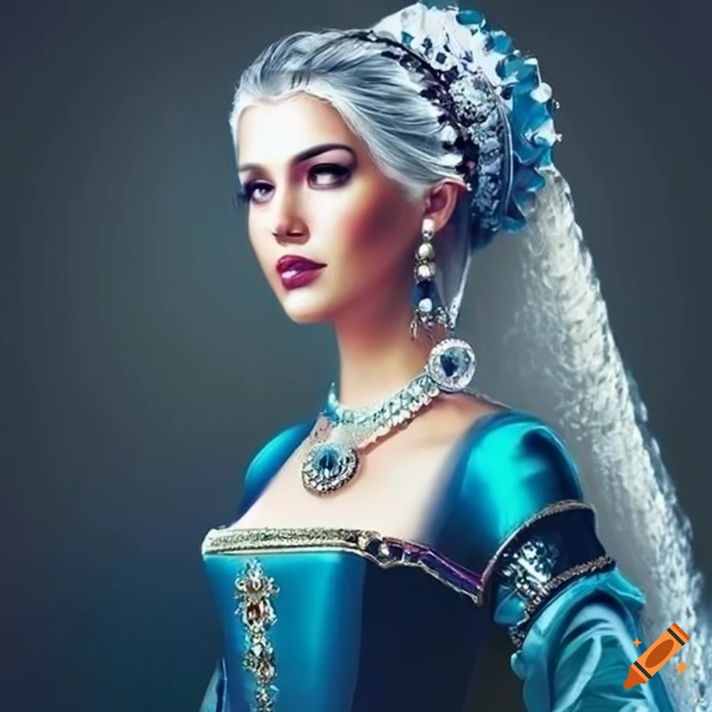 Portrait of a striking woman with silver white hair and purple eyes