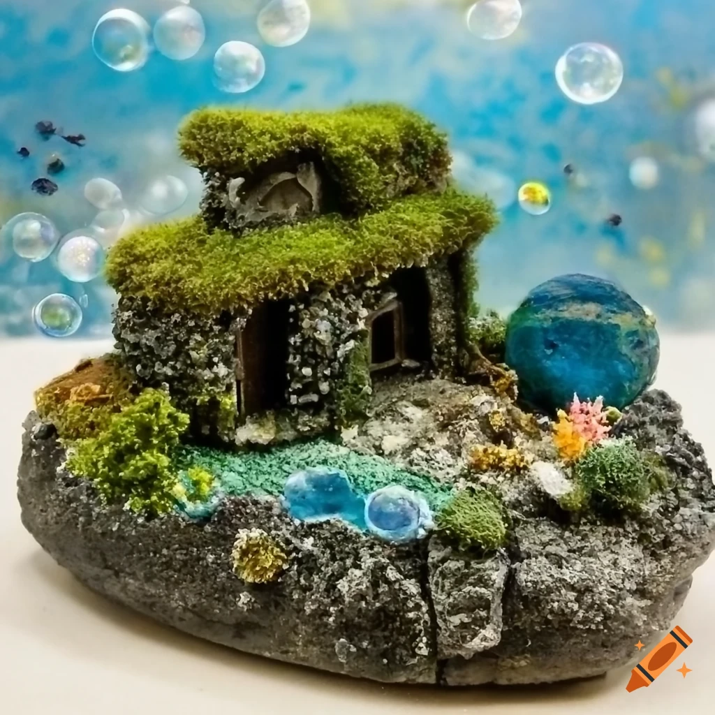 Underwater diorama with a mossy house on a rock on Craiyon