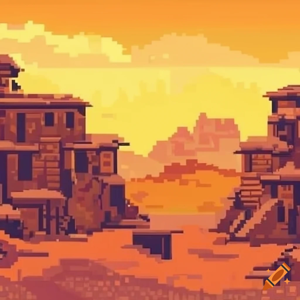 Pixel art of neolithic town connected by telephone wire on Craiyon