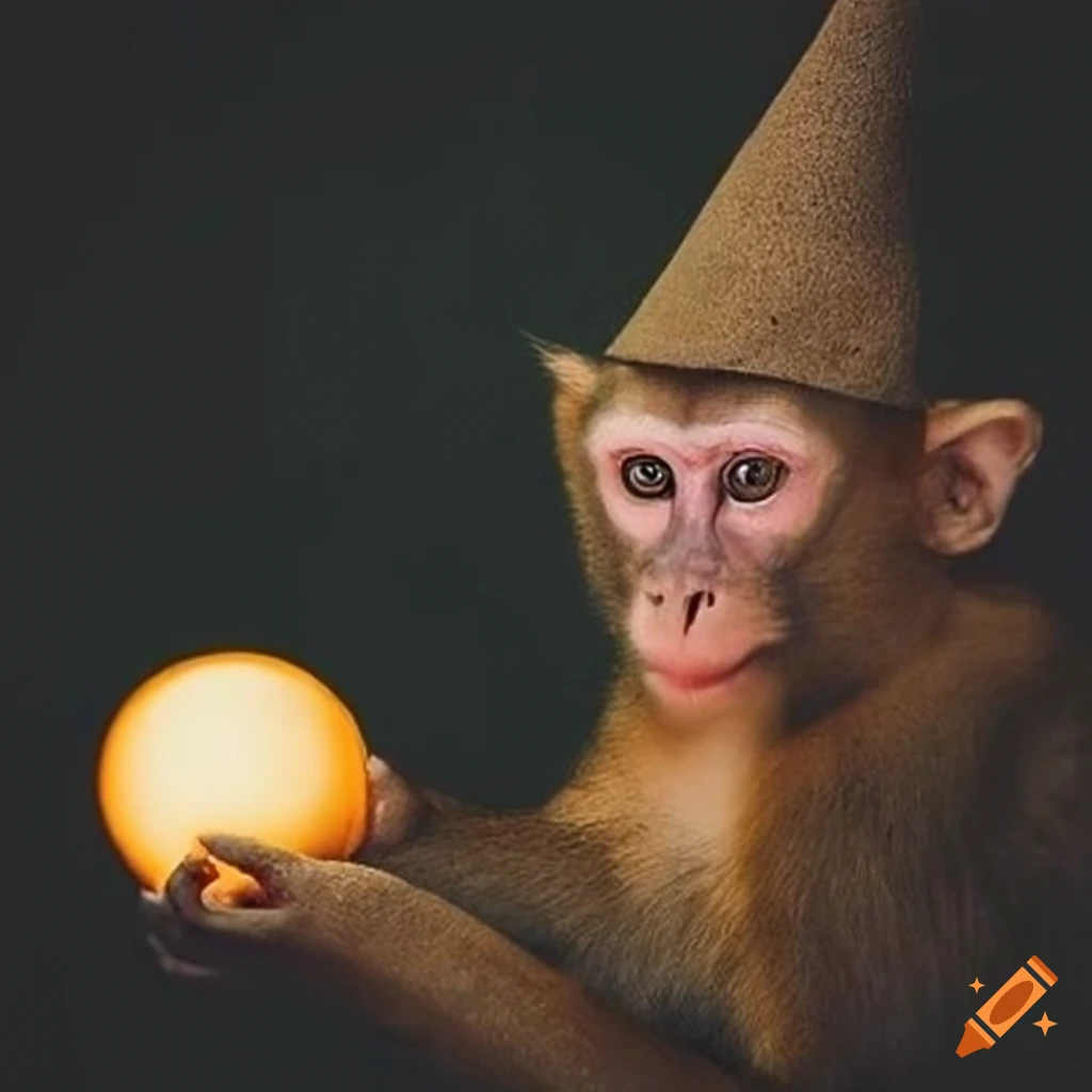 Photograph of a monkey wearing a wizard hat on Craiyon