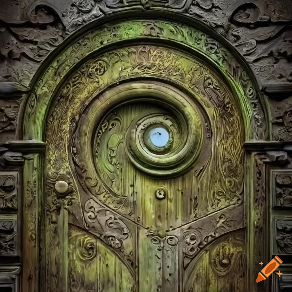 Baroque moss-covered door with bas-relief galaxy design on Craiyon