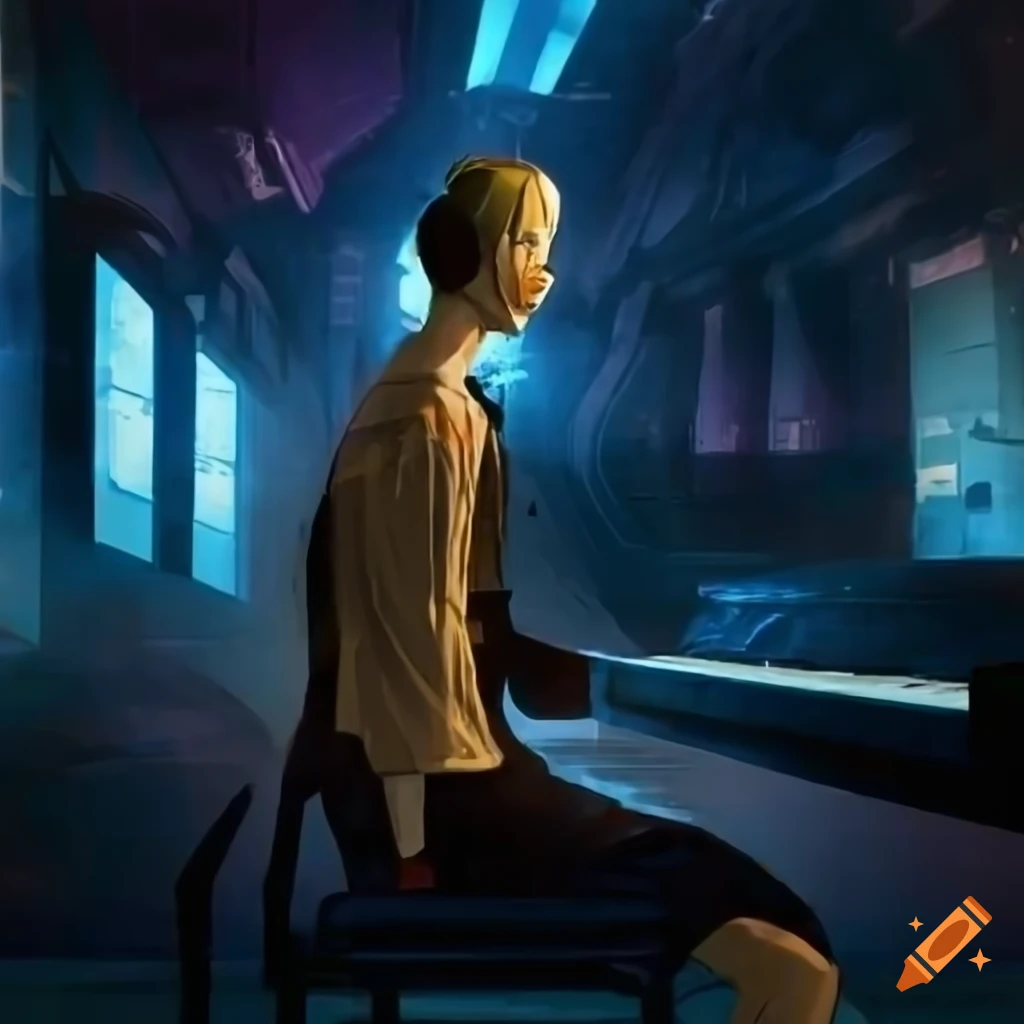 Sci-fi cyberpunk coder sitting and typing on keyboard on Craiyon