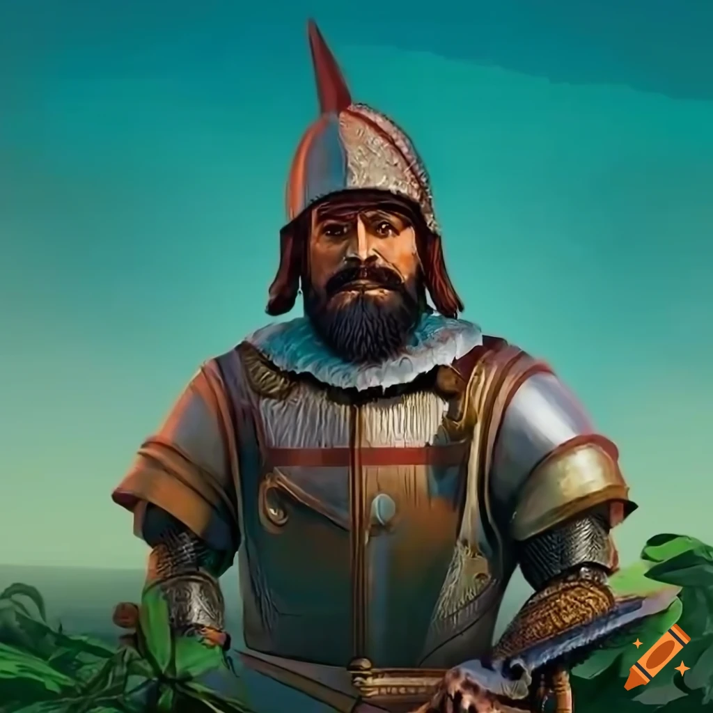 Digital art of a Spanish conquistador at a Mexican fort on Craiyon