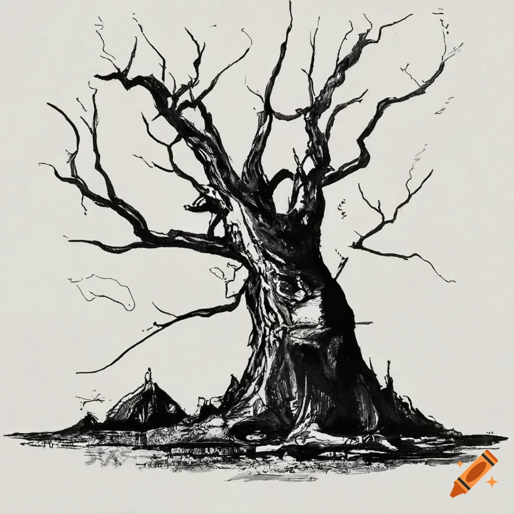Black and white ink drawing of a split dead tree on Craiyon