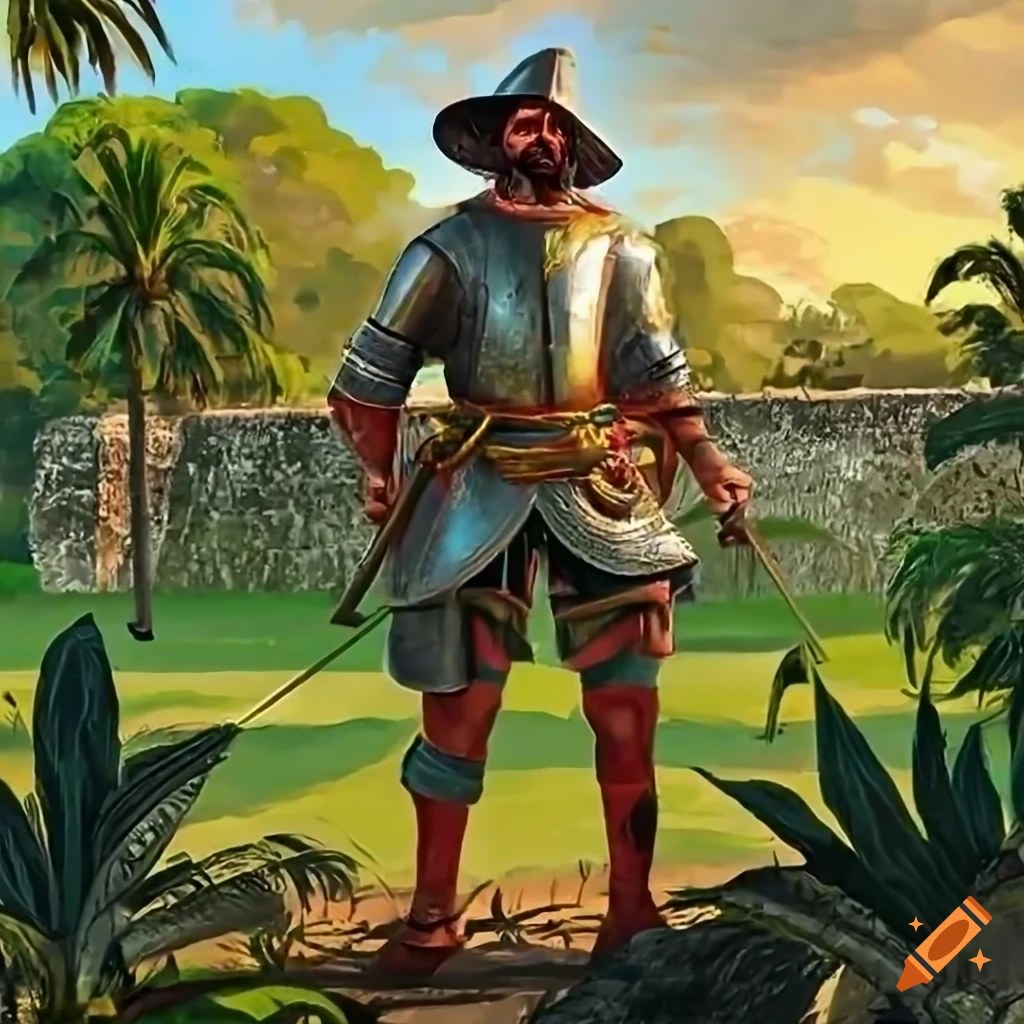 Digital art of a spanish conquistador in front of a fort