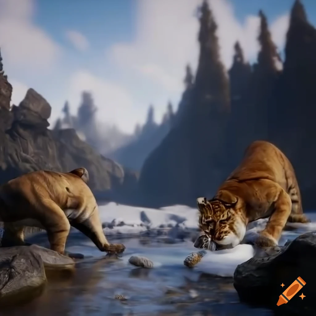 Portrait of a brown liger eating a fish near a stream in a snowy ...