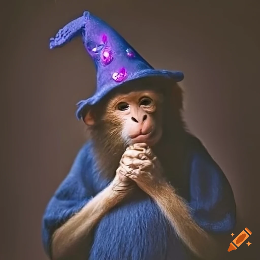 Photograph of a monkey with a wizard hat and magic orb