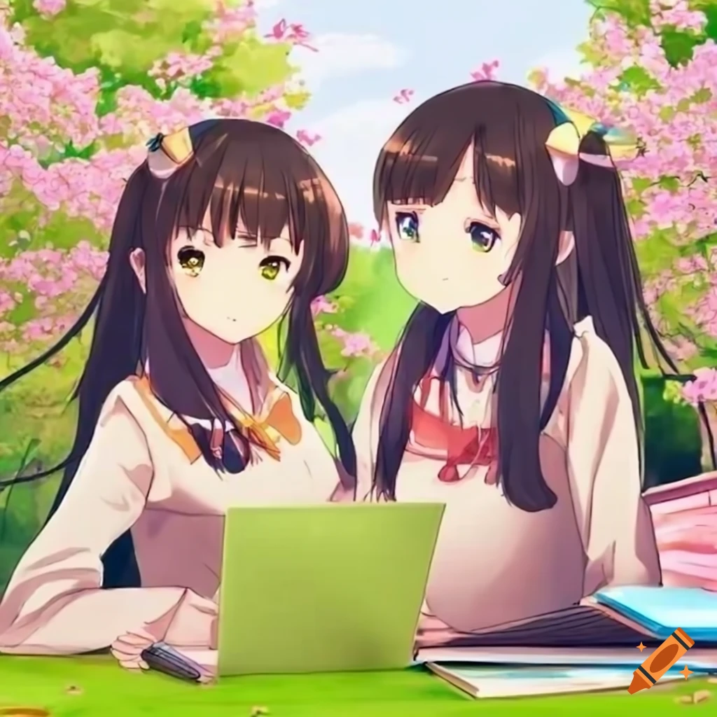 Anime girls studying together in a flowery park on Craiyon