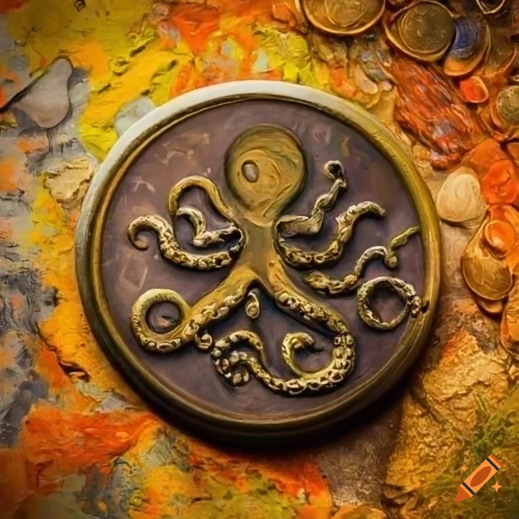 Oil painting of a coin with moss and an octopus sketch