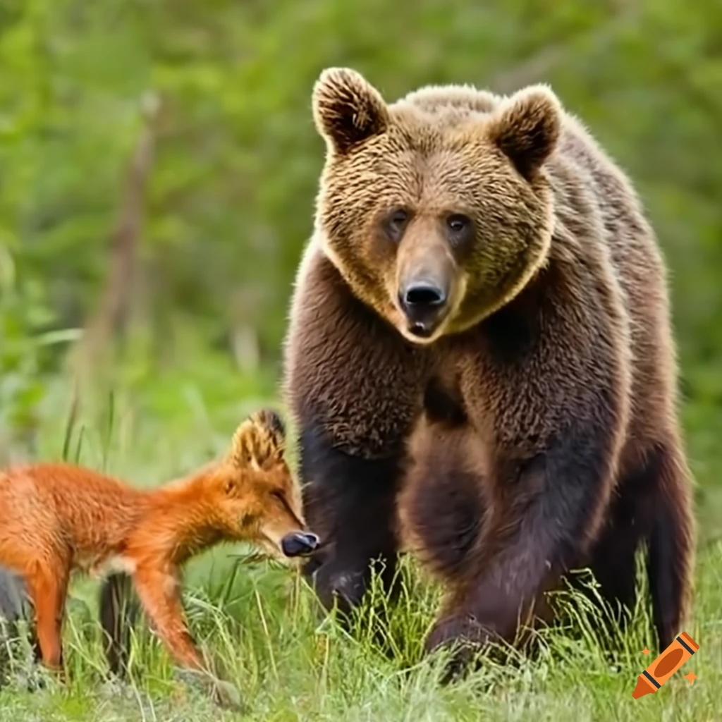 Brown bear protecting an orange fox