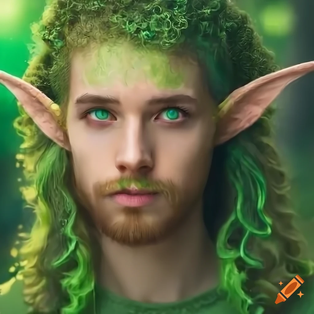Photo of a young man with green skin in enchanted forest