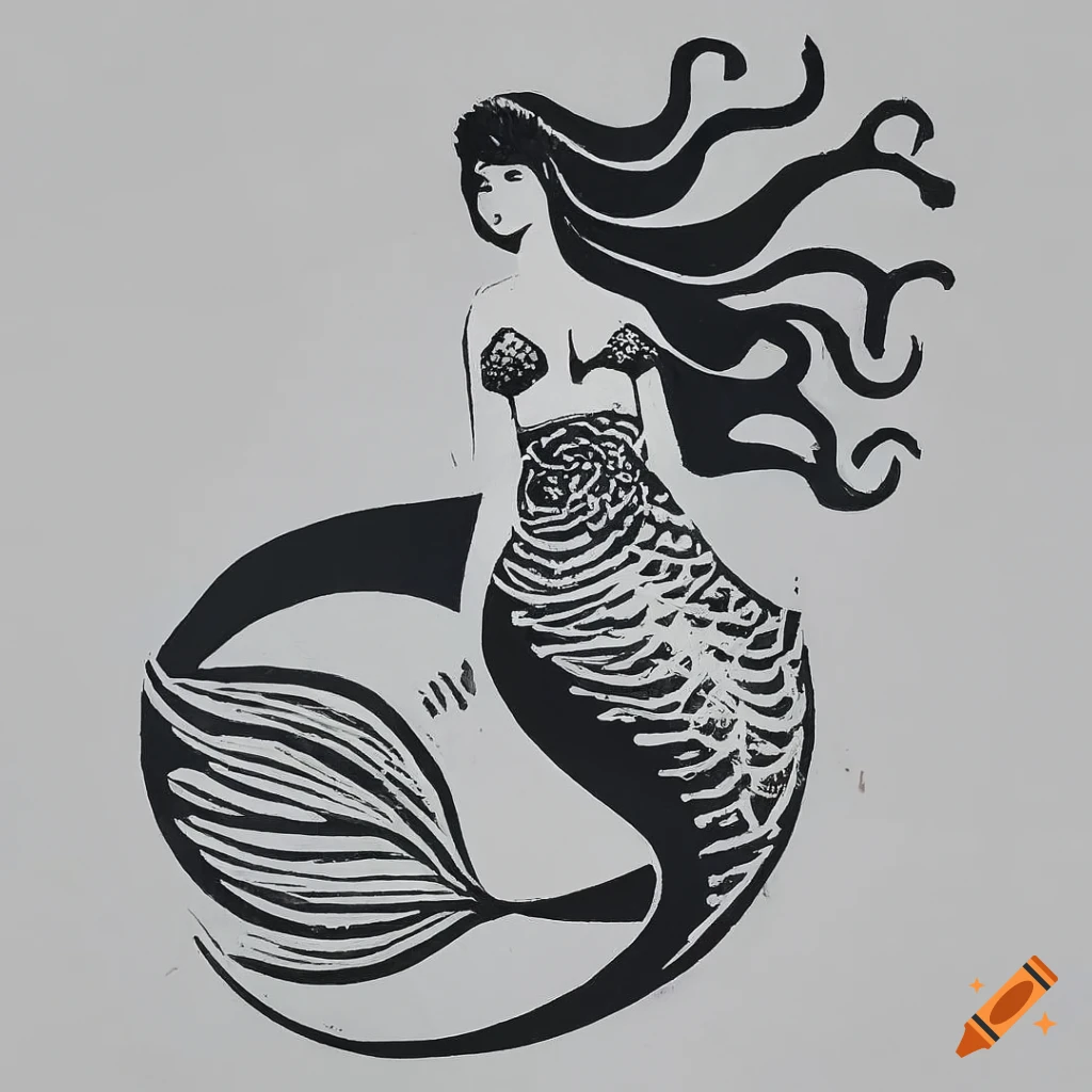 Black and white linocut of a mermaid on Craiyon