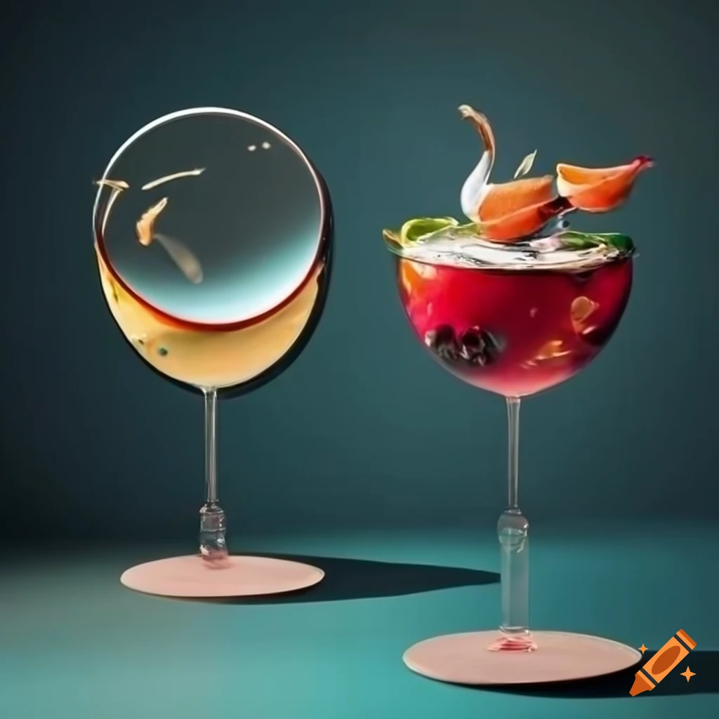 Surrealist Pastries On A Table With Wine Glasses And Fish In A Wine