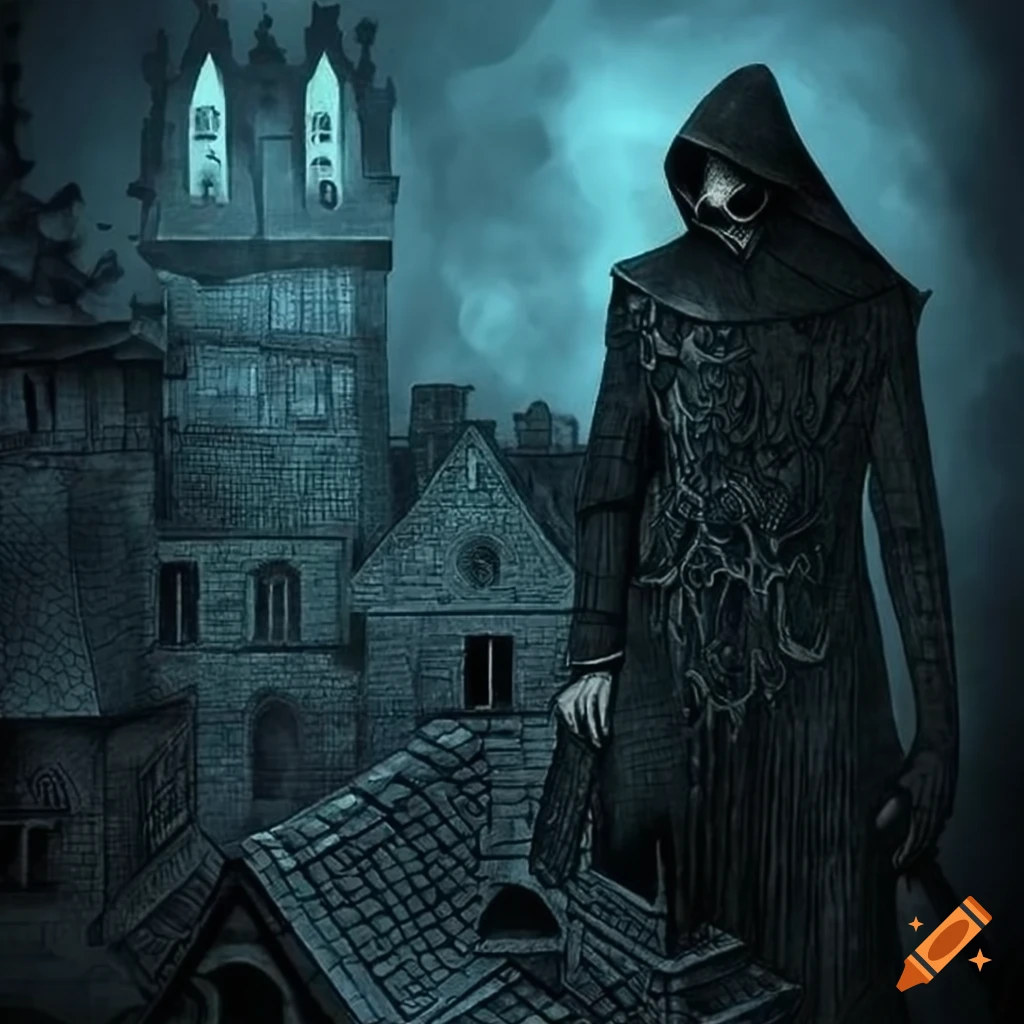 Tarot card of a dark assassin on a rooftop on Craiyon