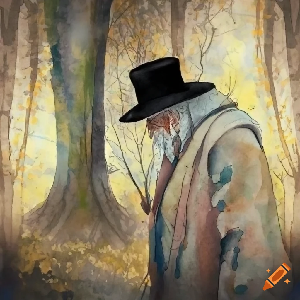 Watercolor painting of an old man lost in a forest on Craiyon